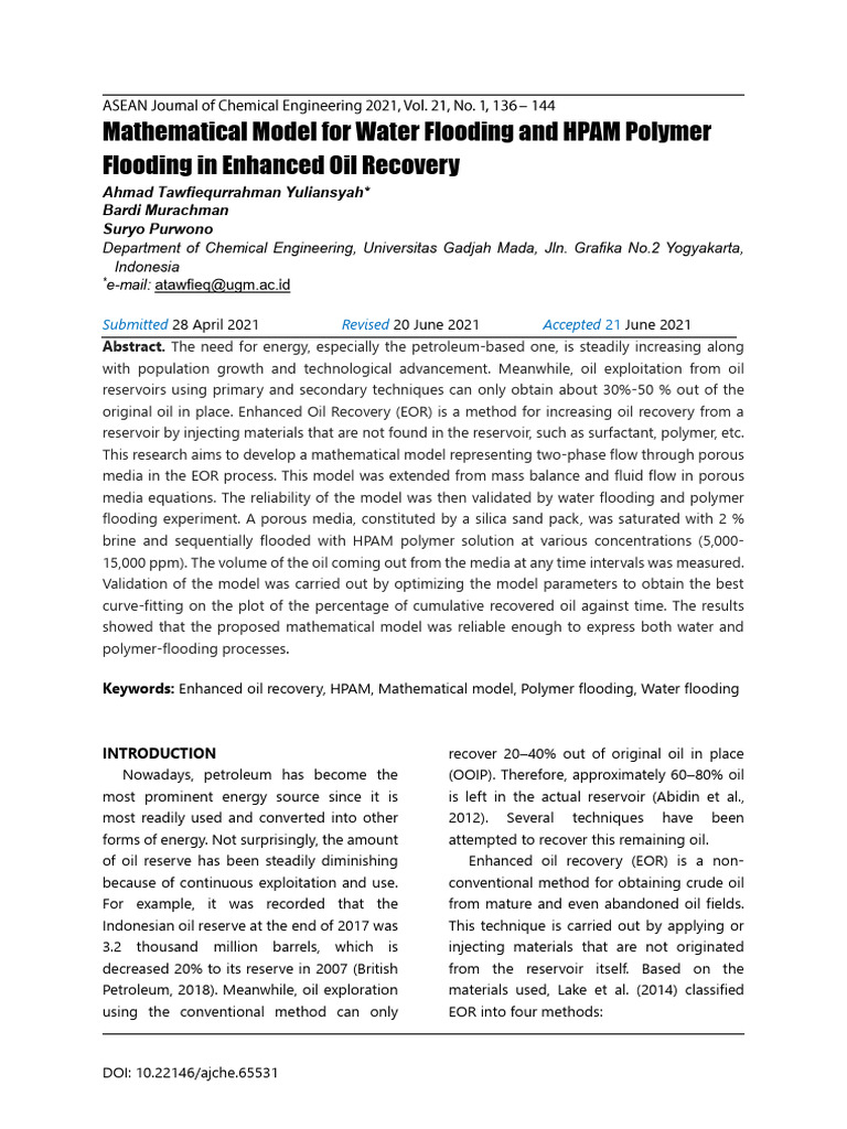 Mathematical Model for EOR with HPAM | PDF | Enhanced Oil Recovery ...