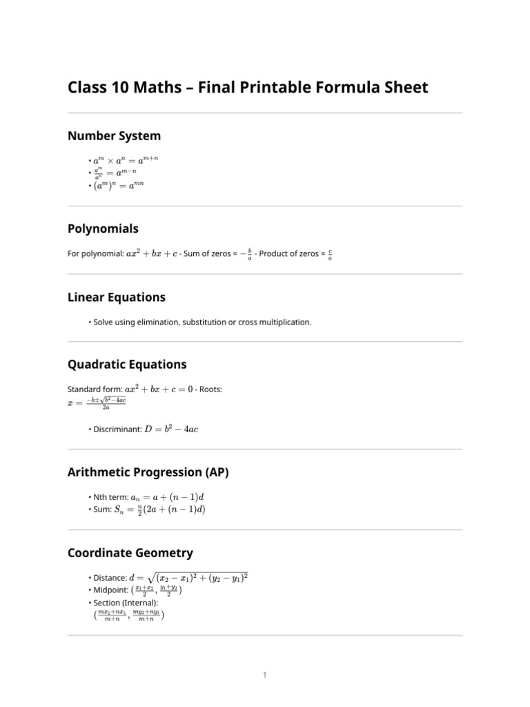 Class 10 Maths Formula Sheet | PDF | Quadratic Equation | Sphere