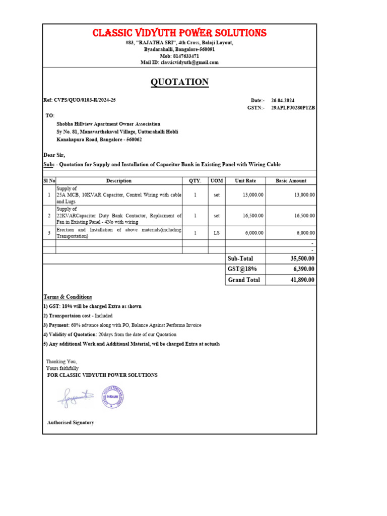 Quotation for Capacitor Bank Installation | PDF | Electrical ...