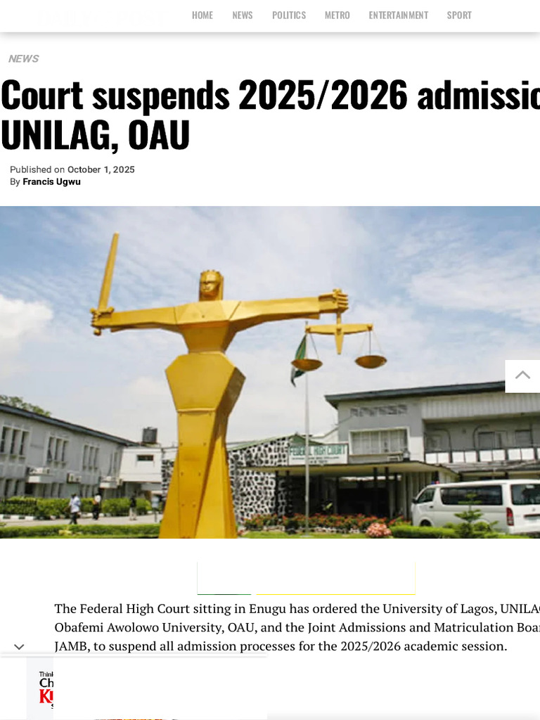 Court Suspends 2025 - 2026 Admissions in UNILAG, OAU | PDF