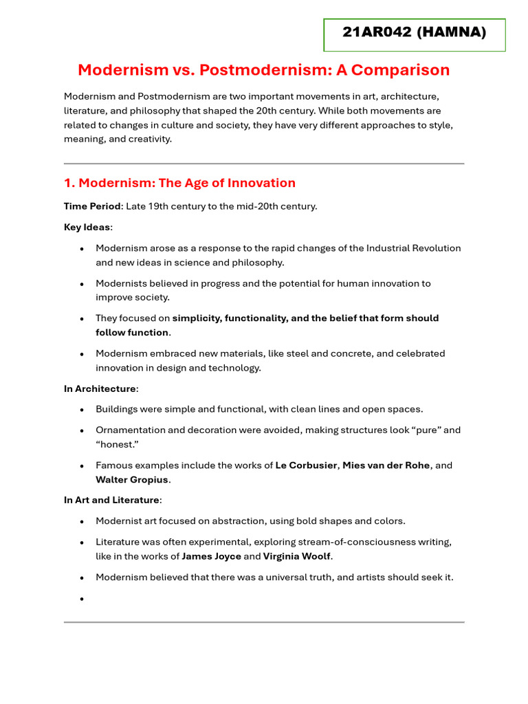 Modernism Vs Post Modernism | PDF | Modernism | Postmodernism
