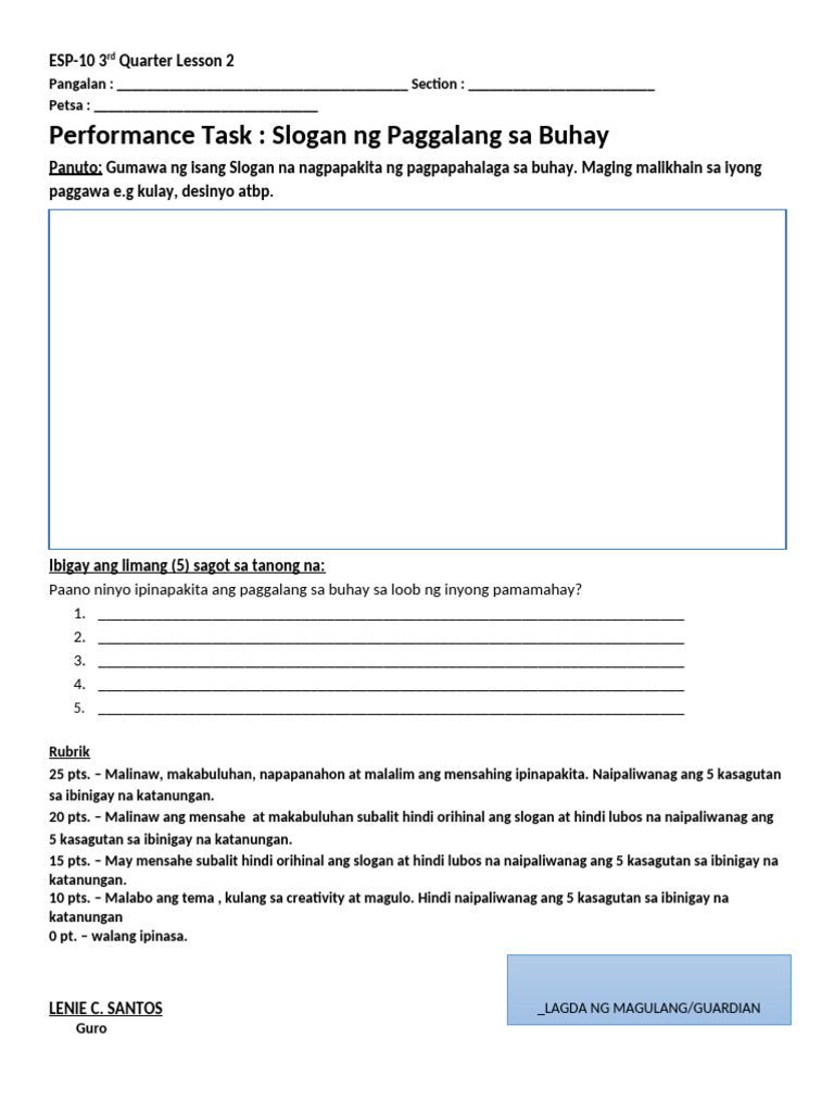 Lesson Activity Sheet Week 2 Paggalang Sa Buhay | PDF