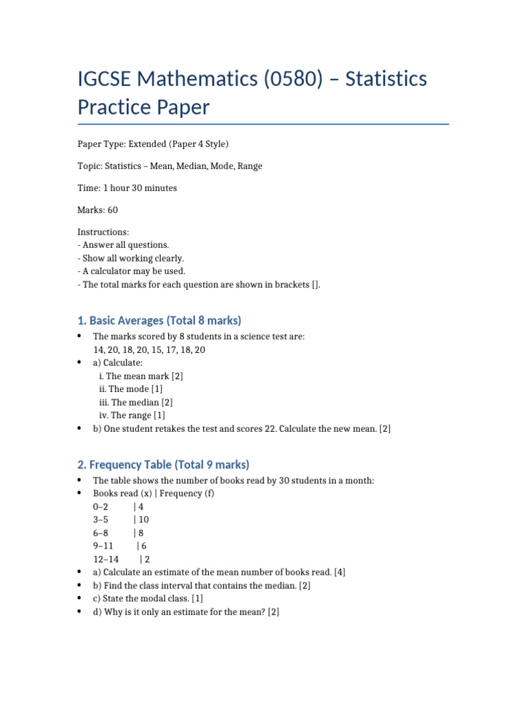 IGCSE Statistics Practice Paper | PDF | Mode (Statistics) | Histogram