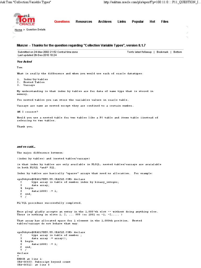 Collection Variable Types | PDF | Pl/Sql | Array Data Structure