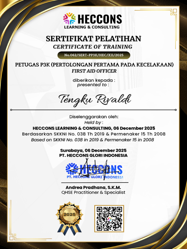62 Tengku Rivaldi - E Sertifikat Pelatihan - Petugas P3K First Aid ...