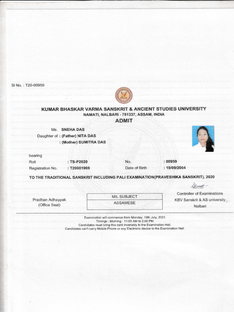 Sanskrit Examination Registration Card | PDF