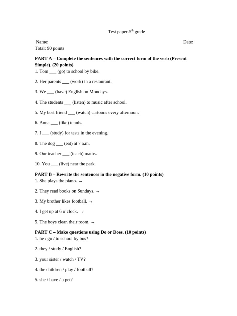5th Grade Present Simple Test Paper | PDF