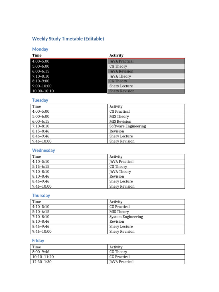 Editable Weekly Study Timetable | PDF