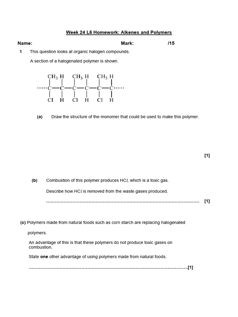 Alkenes and Polymers Homework Guide | PDF | Alkene | Polymers