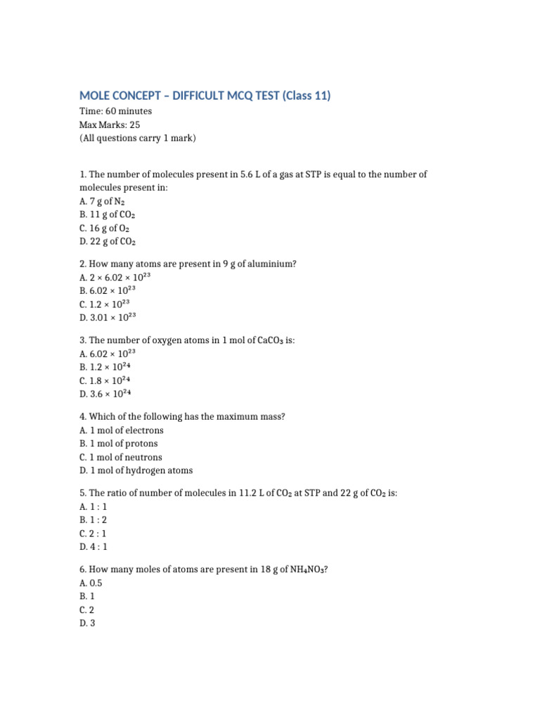 Class 11 Mole Concept MCQ Test | PDF | Mole (Unit) | Atoms