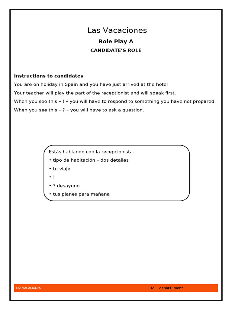 Role Play Scenarios for Spanish Holidays | PDF