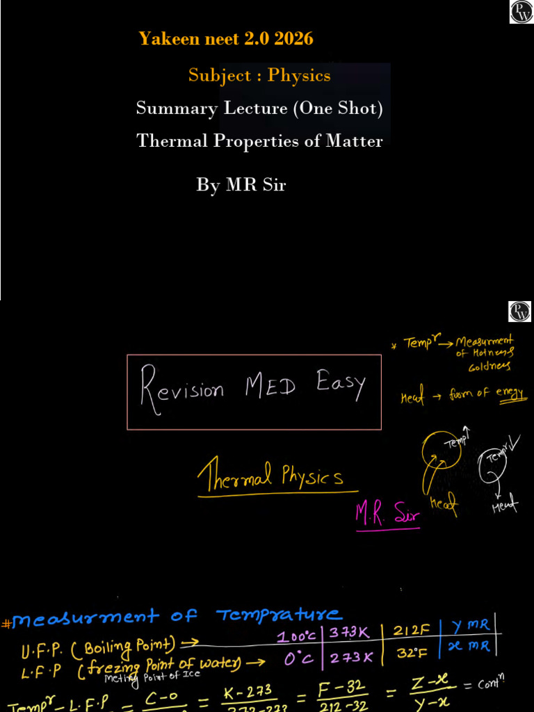 Thermal Properties of Matter Summary Lecture Class Notes | PDF
