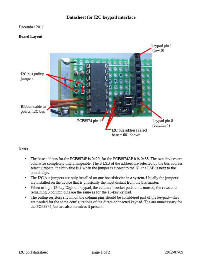 I2C Keypad Interface Datasheet | PDF