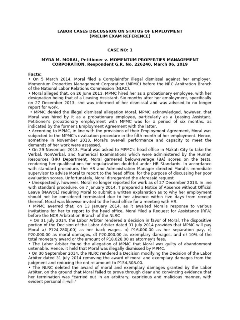 Labor Cases Prelim Status of Employment | PDF | Employment | Labour Law