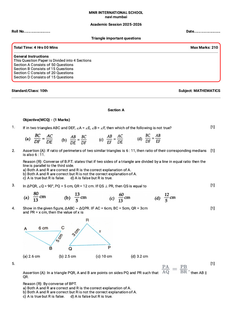 Class 10 Mathematics Triangle Questions | PDF | Triangle | Area