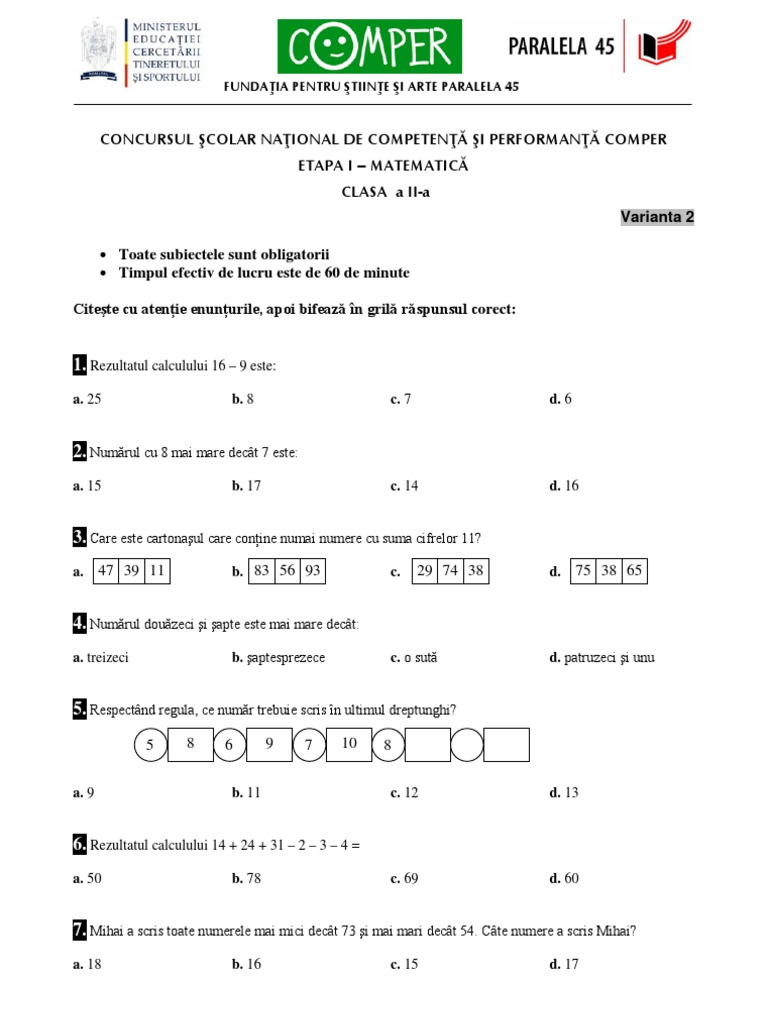 Comper Matematica Clasa II Varianta2 | PDF