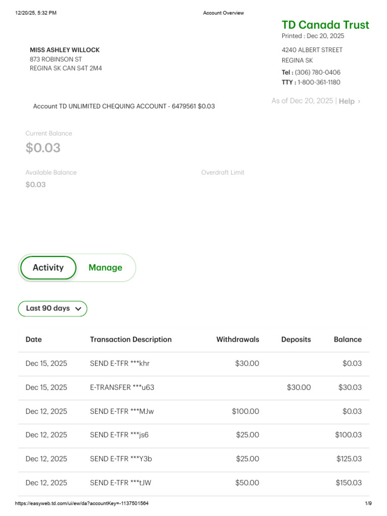 TD Unlimited Chequing Account Summary | PDF | Payments | Business