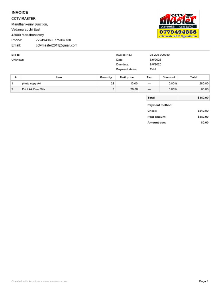 CCTV Master Invoice #25-200-000010 | PDF