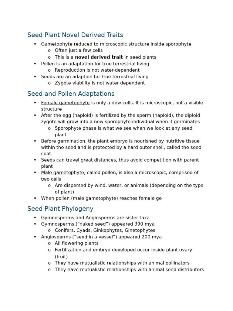 Seed Plant Novel Derived Traits | PDF | Seed | Plants