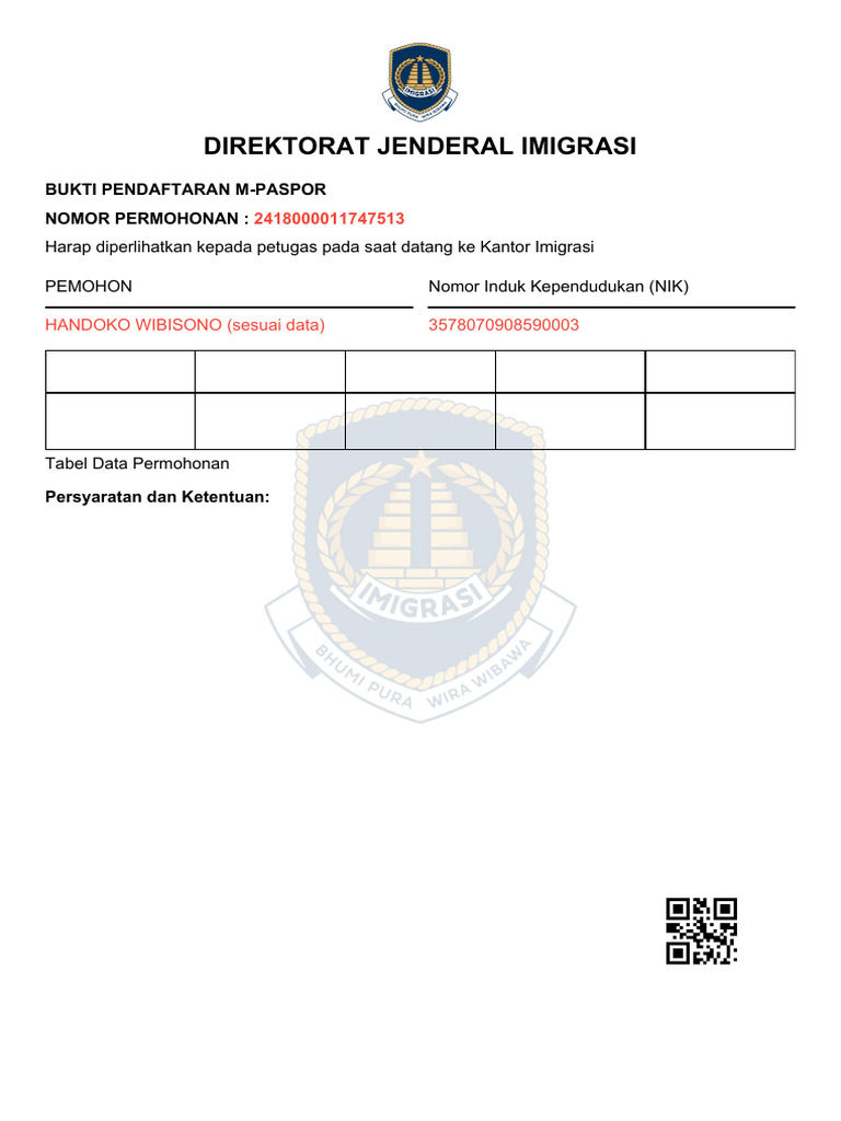 Bukti Pendaftaran M-Paspor Handoko | PDF