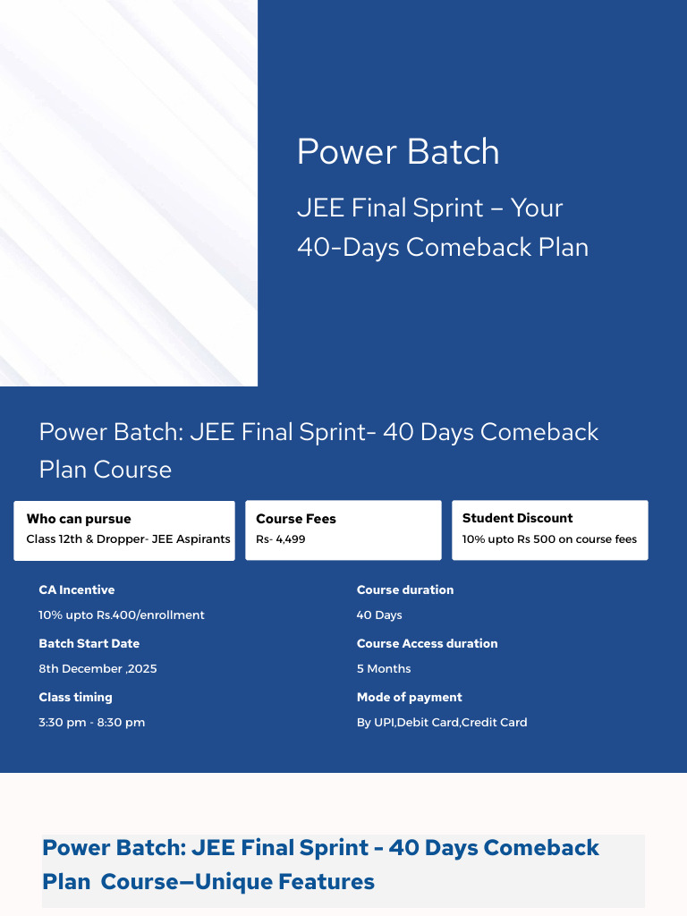 Power Batch - JEE Final Sprint-40 Days Comeback Plan Course-CAP! | PDF