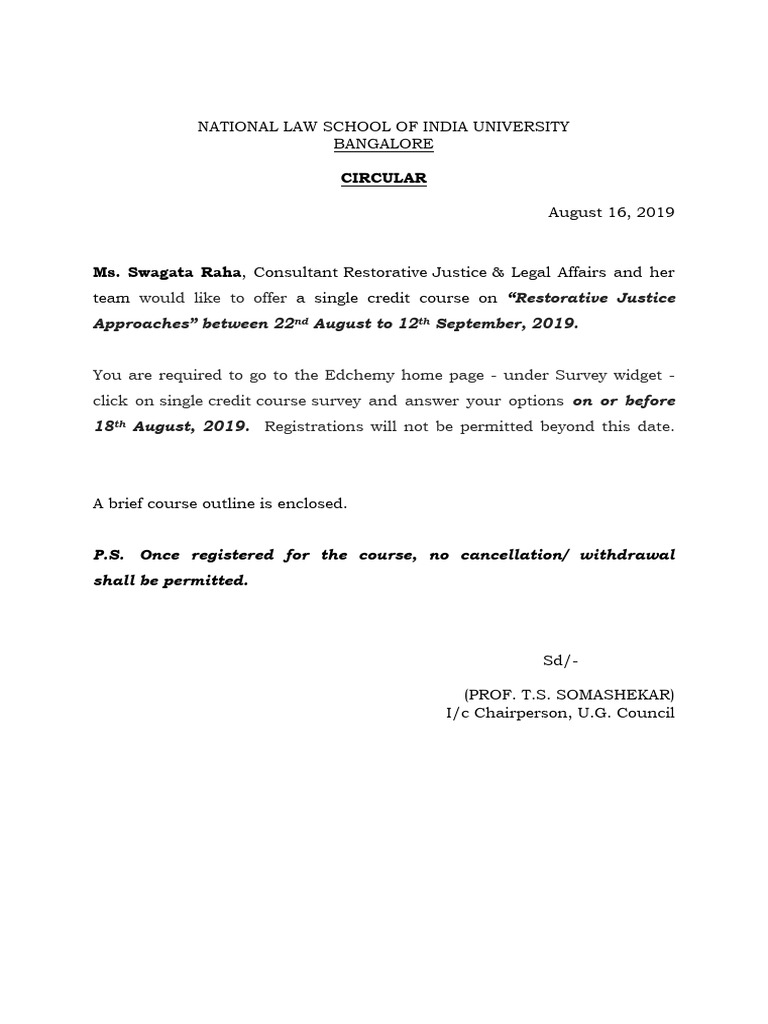 Circular - Single Credit Course by Ms. Swagata Raha | PDF