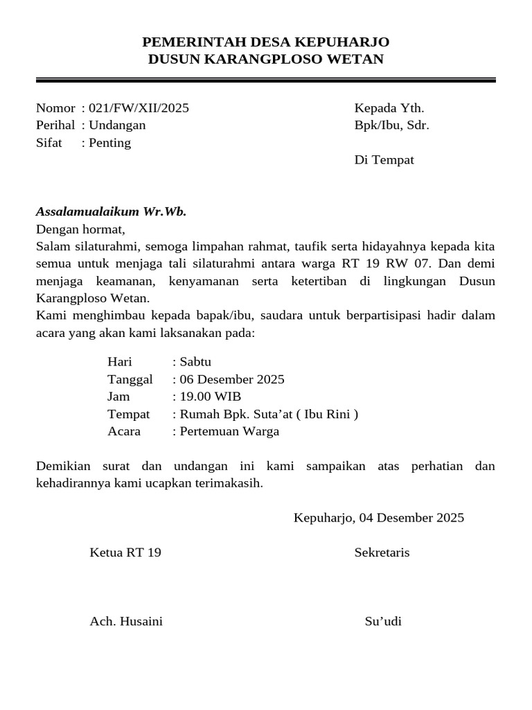 Undangan Rapat Rt 19 | PDF