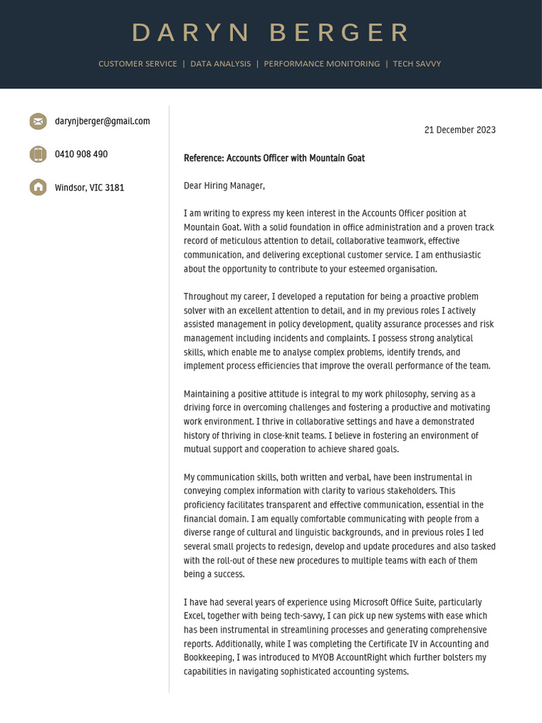 Daryn Berger Cover Letter - Accounts Officer | PDF | Communication ...