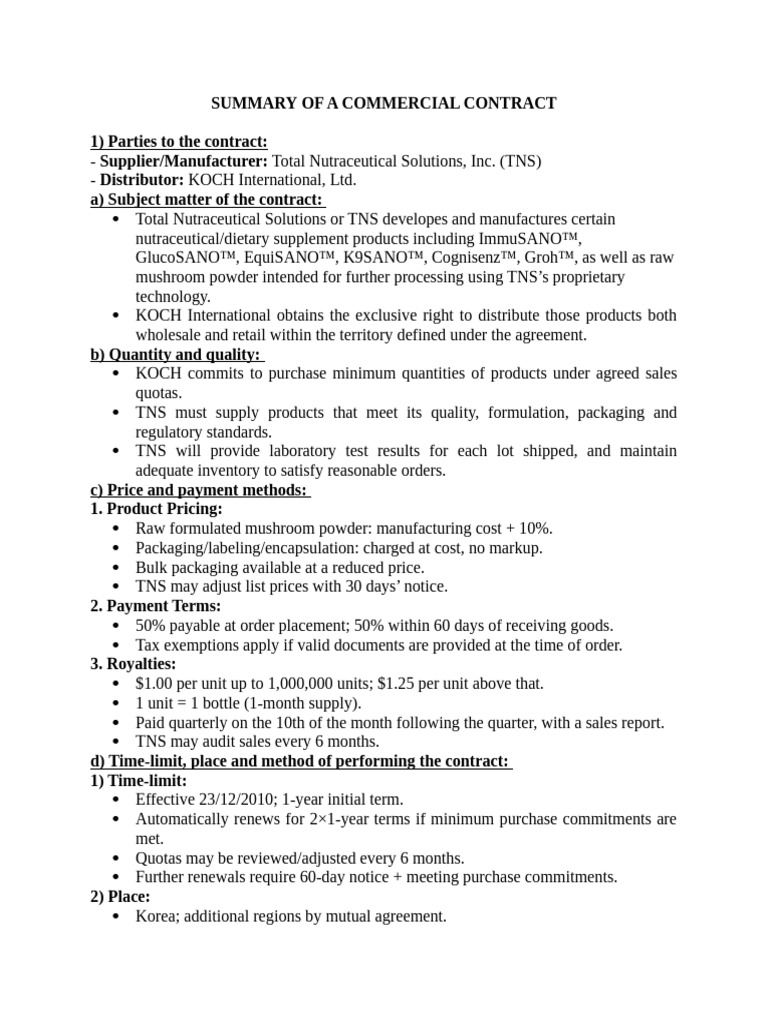 Commercial Contract Summary: TNS & KOCH | PDF | Legal Remedy | Royalty ...