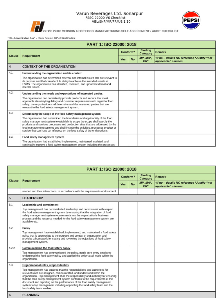 FSSC 22000 V6 Audit Checklist for VBL | PDF | Food Safety ...