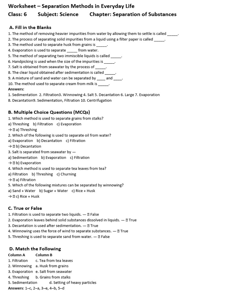 Worksheet 6th SEPARATION METHOD | PDF | Filtration | Water