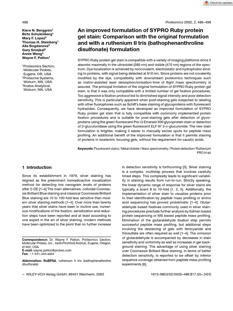 Improved SYPRO Ruby Gel Stain Formulation | PDF | Polyacrylamide Gel ...