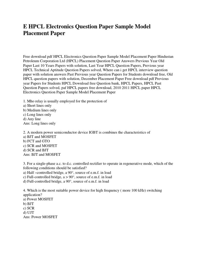 E HPCL Electronics Question Paper Sample Model Placement Paper | PDF ...