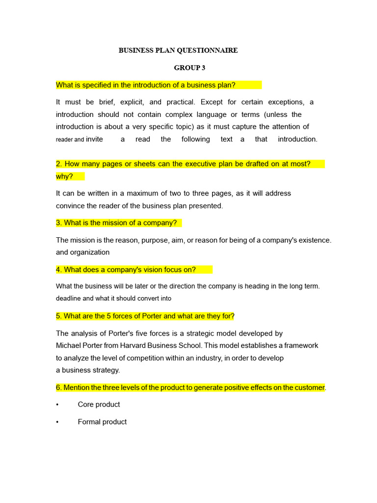 Business Plan Questionnaire | PDF | Strategic Management | Business