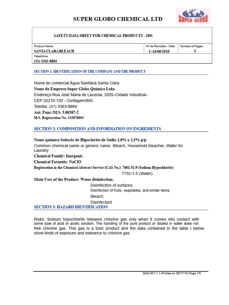 Santa Clara Bleach Safety Data Sheet | PDF | Bleach | Chemical Substances