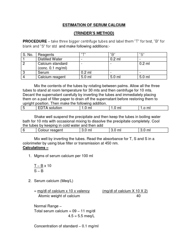 Serum Calcium Estimation Procedure | PDF | Blood Plasma | Calcium In ...