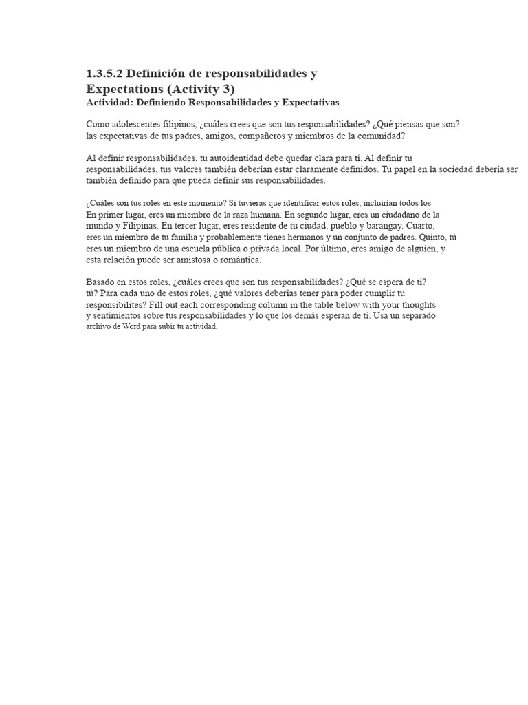 1.3.5.2 Definiendo Responsabilidades y Expectativas (Actividad 3) | PDF