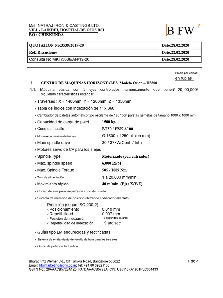 Cotización de Máquina Estándar - HMC, OrION H8800 - 28.02.2020 | PDF ...