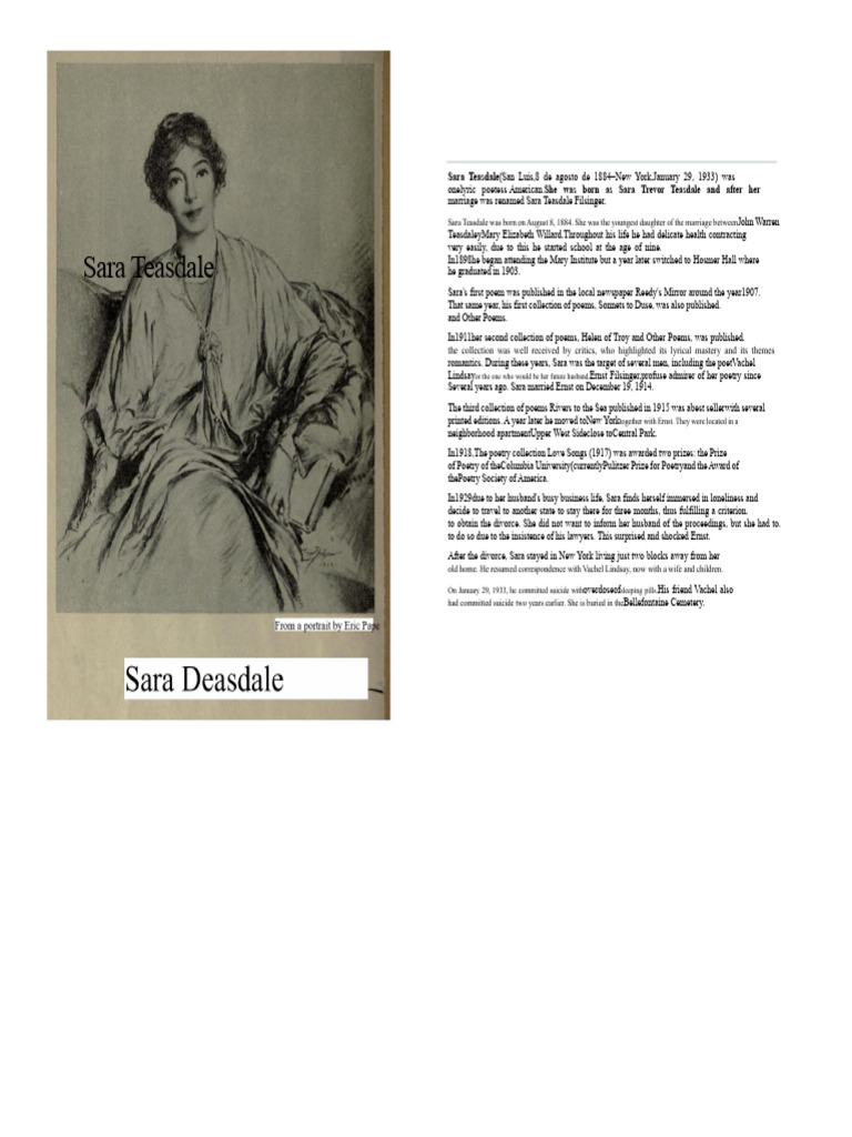 Sara Teasdale: Life and Poetry Overview | PDF