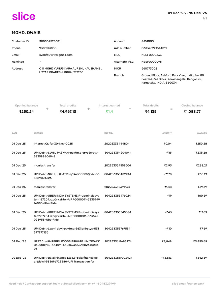 Slice Statement 01Dec25 15Dec25 | PDF | Financial Services | Banking ...