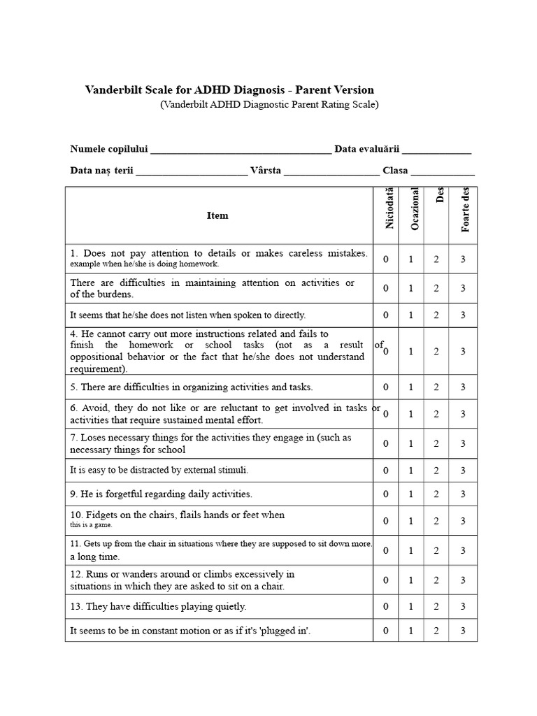 Vanderbilt ADHD Parent Rating Scale | PDF | Attention Deficit ...