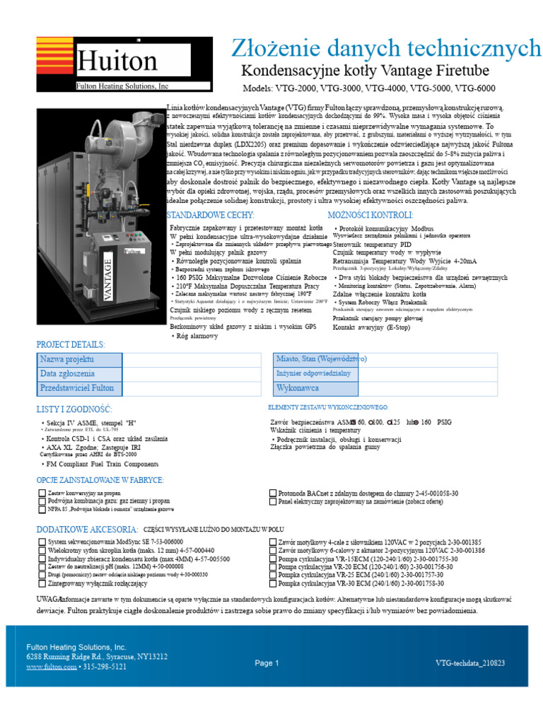 Dane Techniczne Fulton Vantage | PDF