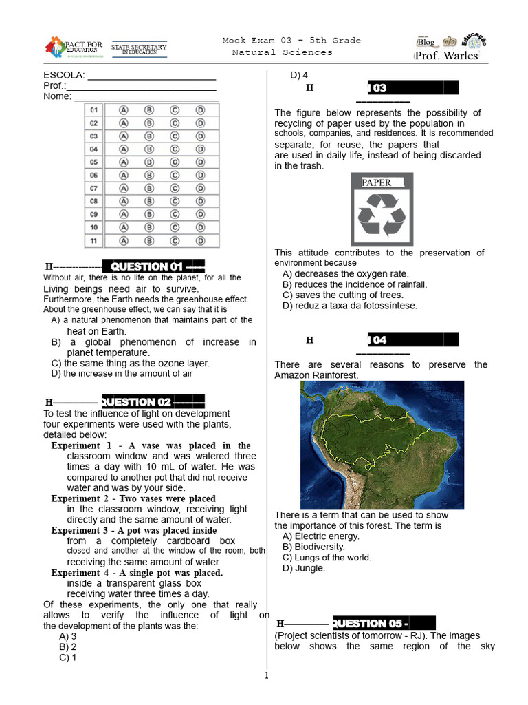 Simulated 03 (Science 5th Grade) - BLOG of Prof. Warles | PDF | Stars ...