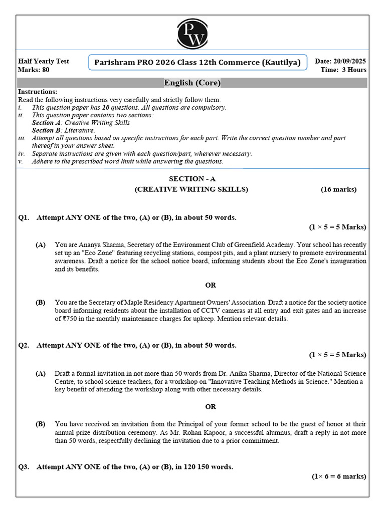 Test - 01 - Half Yearly - English Core - Parishram PRO 2026 Class 12th ...