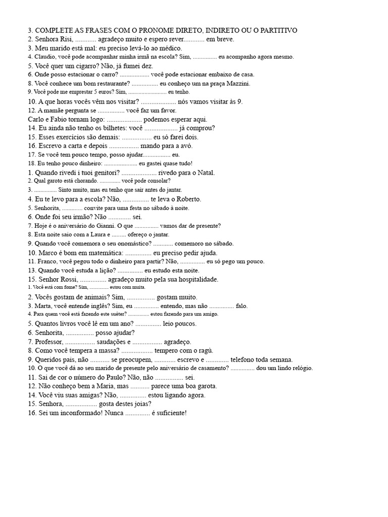 Exercícios de Pronomes Diretos e Indiretos | PDF