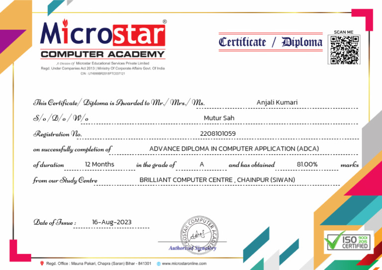 ADCA Certificate for Anjali Kumari | PDF