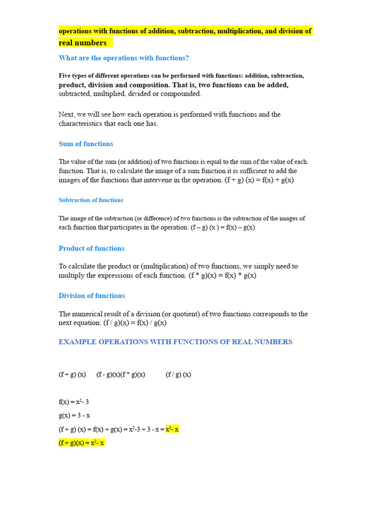 Operations With Functions of Addition, Subtraction, Multiplication and ...