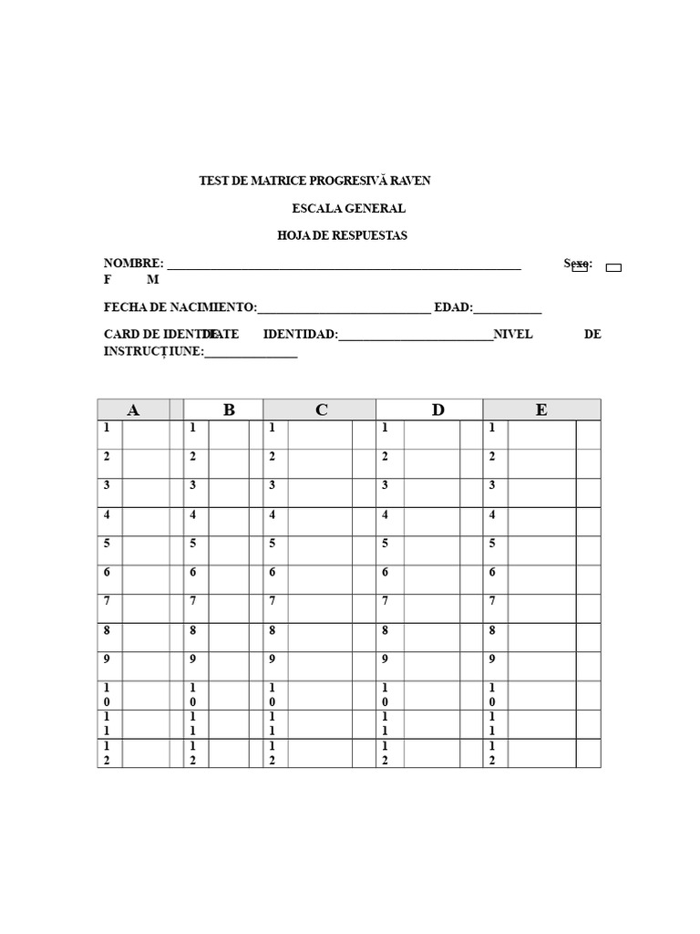 Fișa de răspunsuri pentru Testul RAVEN | PDF