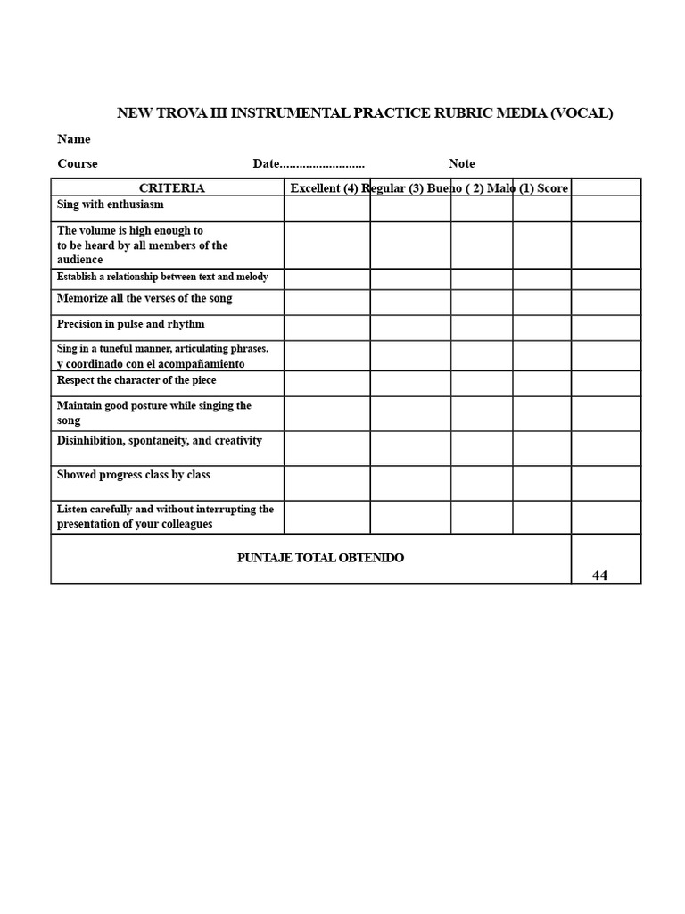 Rubric For Evaluating A Song | PDF