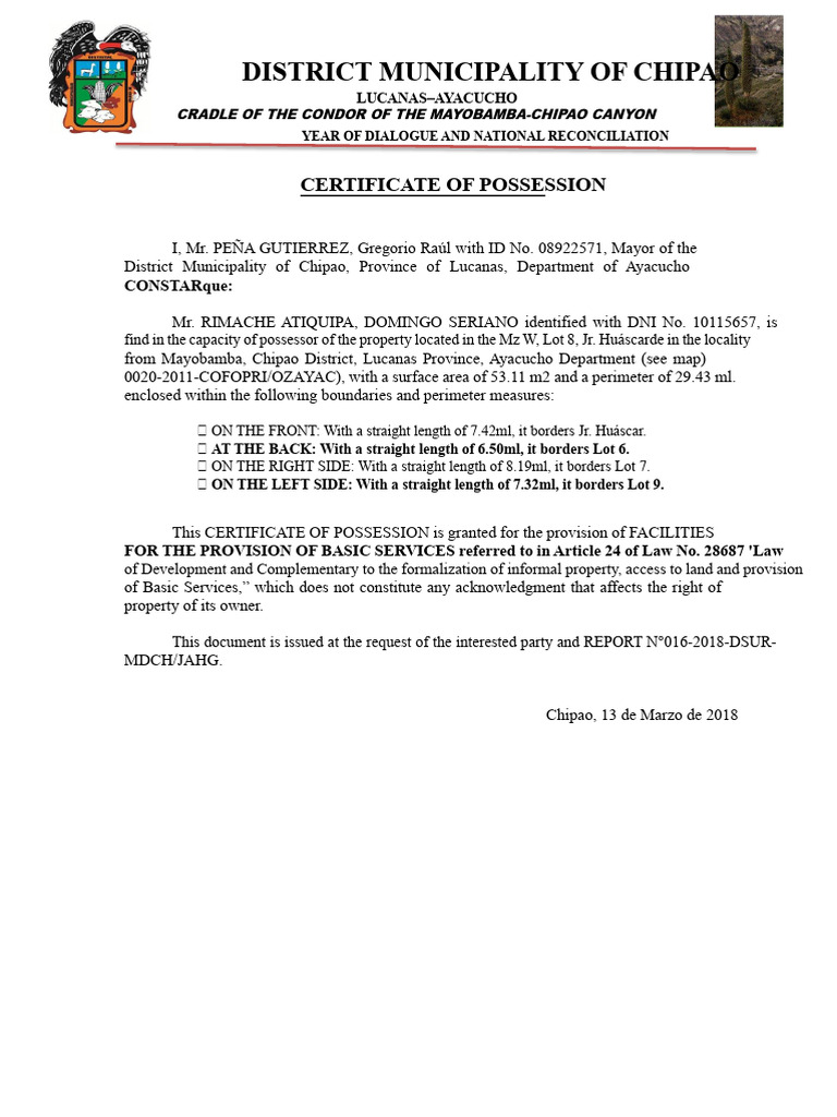 Certificate of Possession | PDF